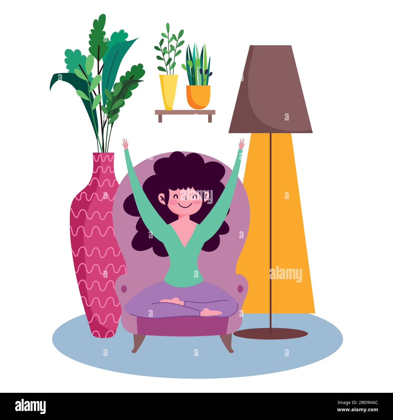 stay at home, young woman sitting on chair in the room cartoon vector ...