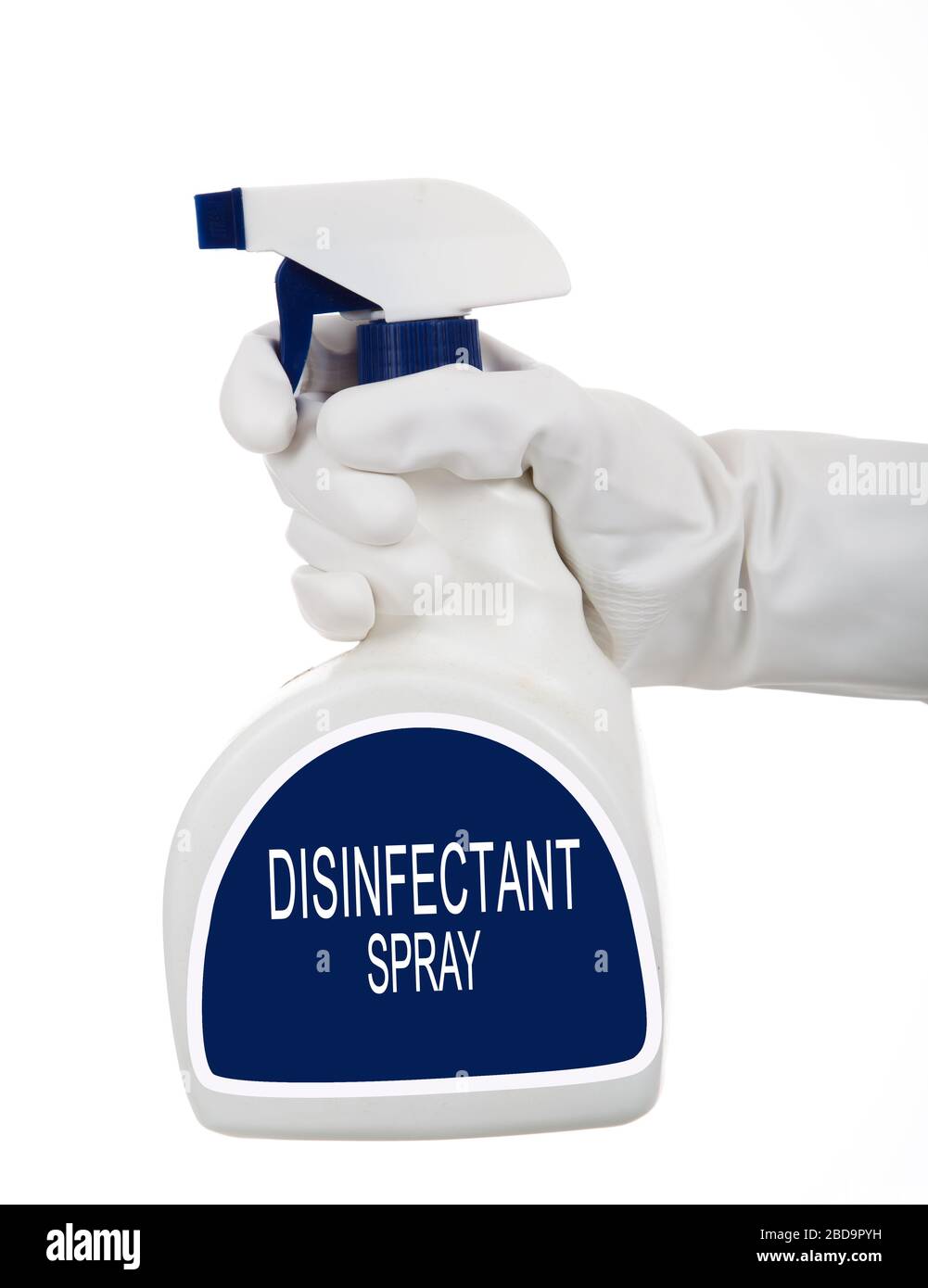 A gloved hands holding a spray bottle of cleaning, disinfecting ...