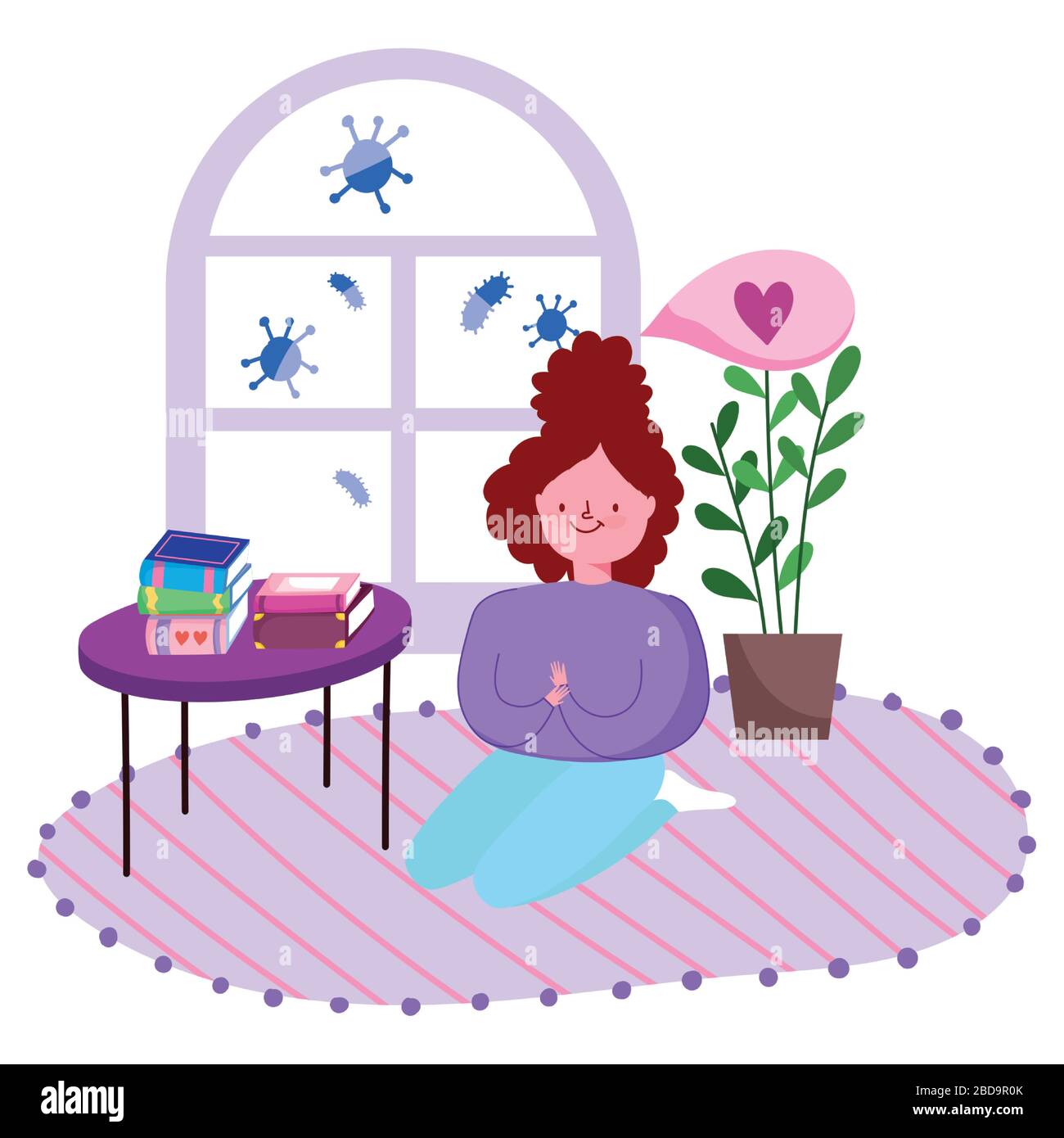 stay at home, happy young in carpet room with books on table cartoon ...