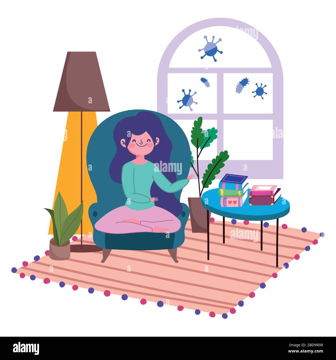 stay at home, girl sitting in chair with books on table room cartoon ...