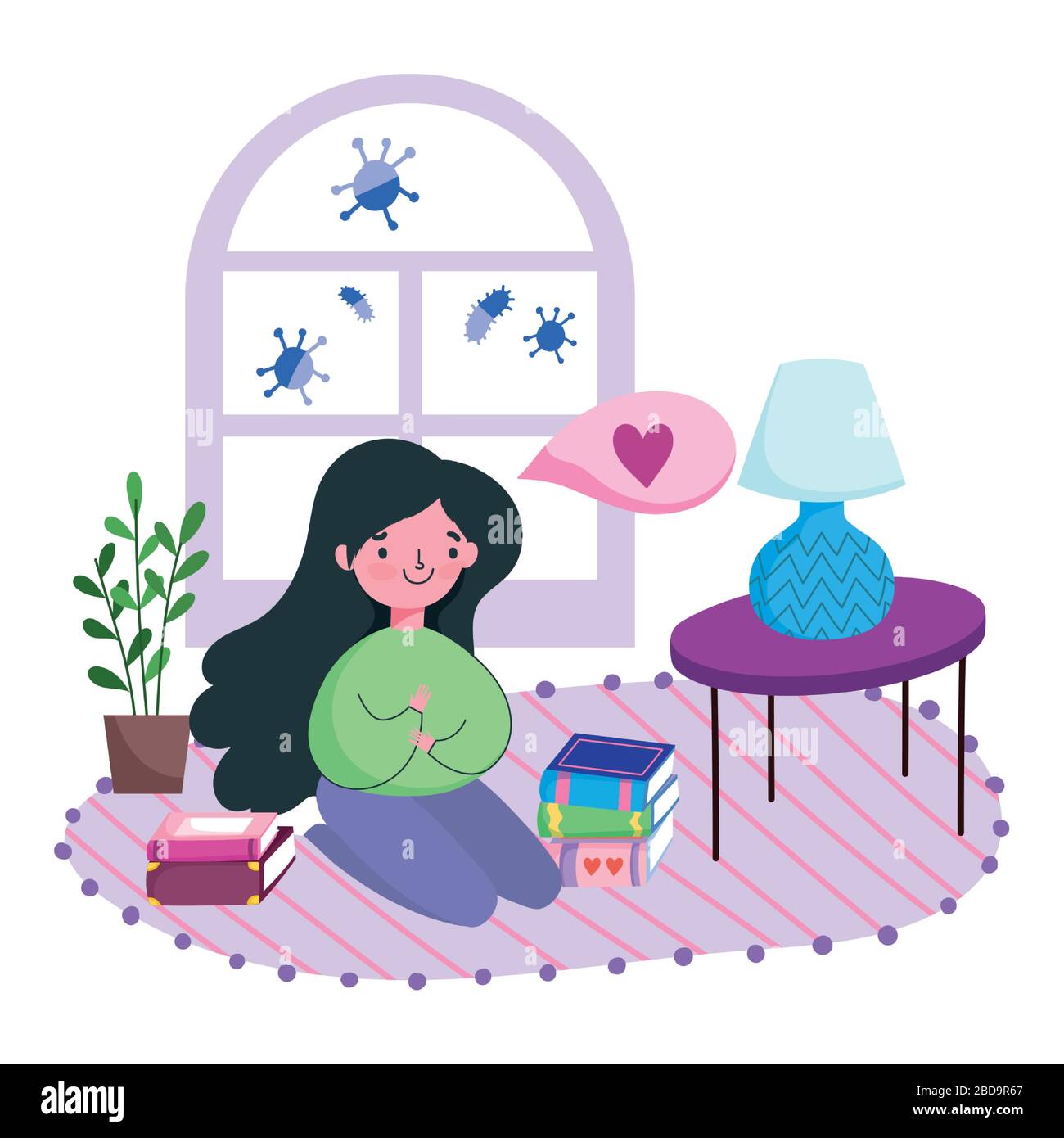 stay at home, young woman with books in floor living room cartoon ...