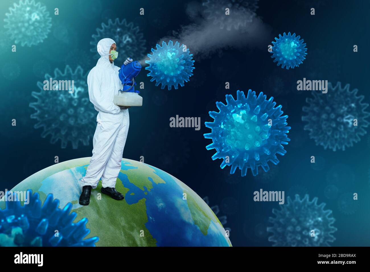 Man in a white protective suit spraying disinfectant. Prevent the ...