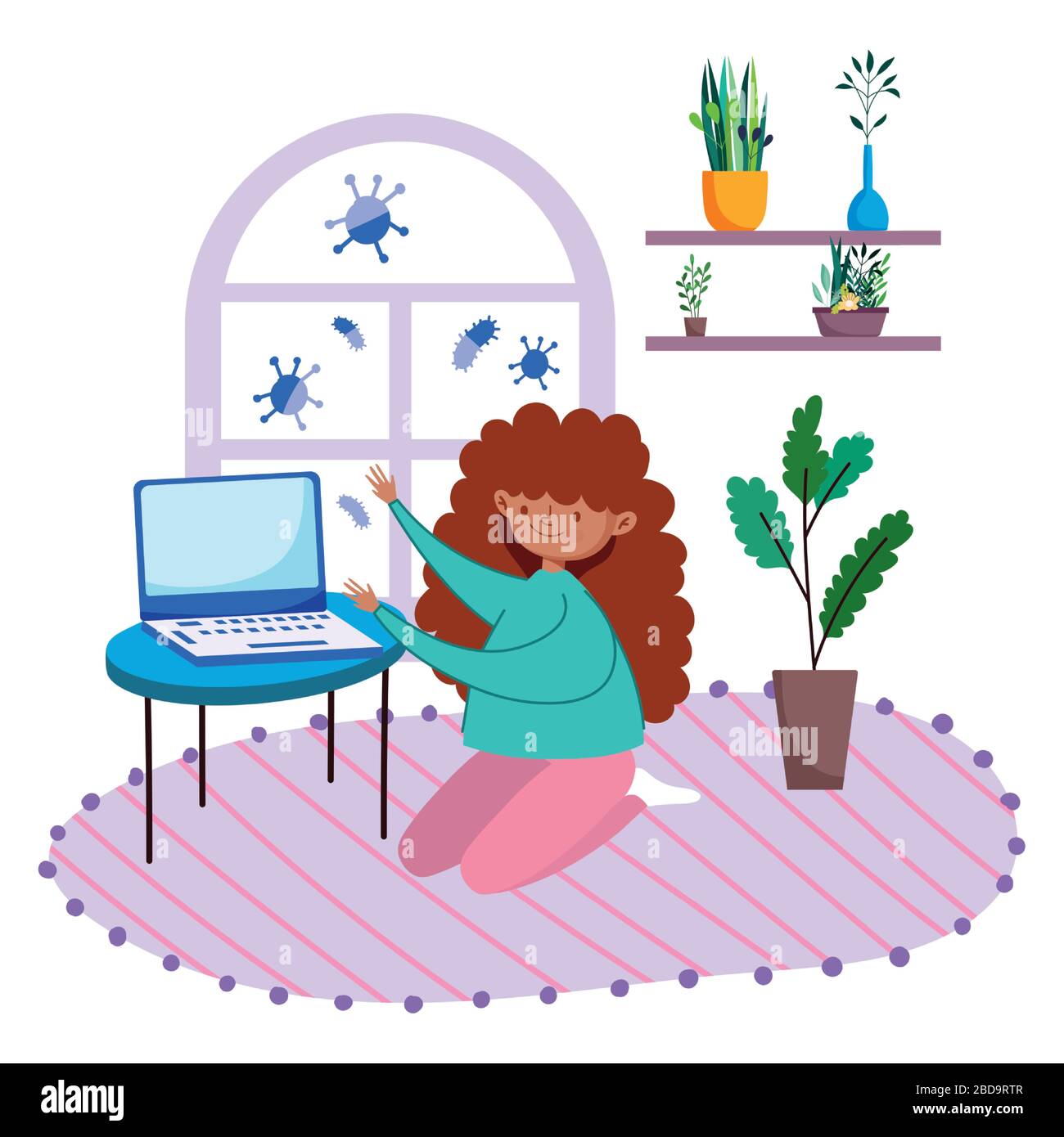 stay at home, girl on the room floor with laptop cartoon vector ...
