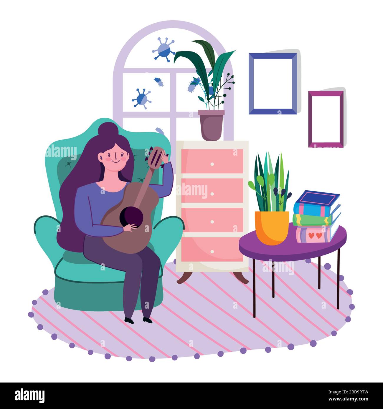 stay at home, cartoon young woman playing guitar in room with books on ...