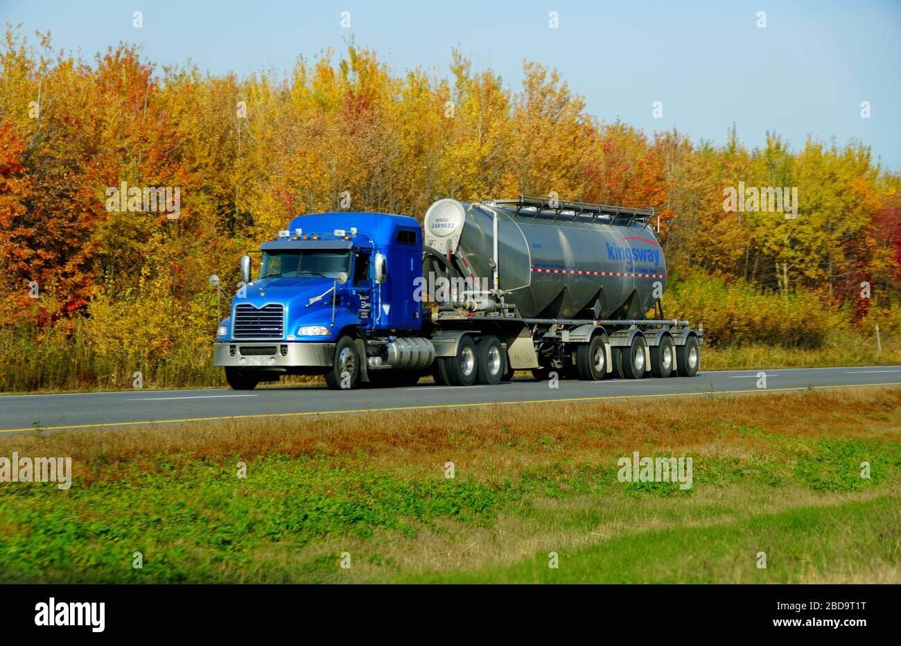 Ontario, Canada - October 27, 2019 - A large blue truck on Route 401 ...