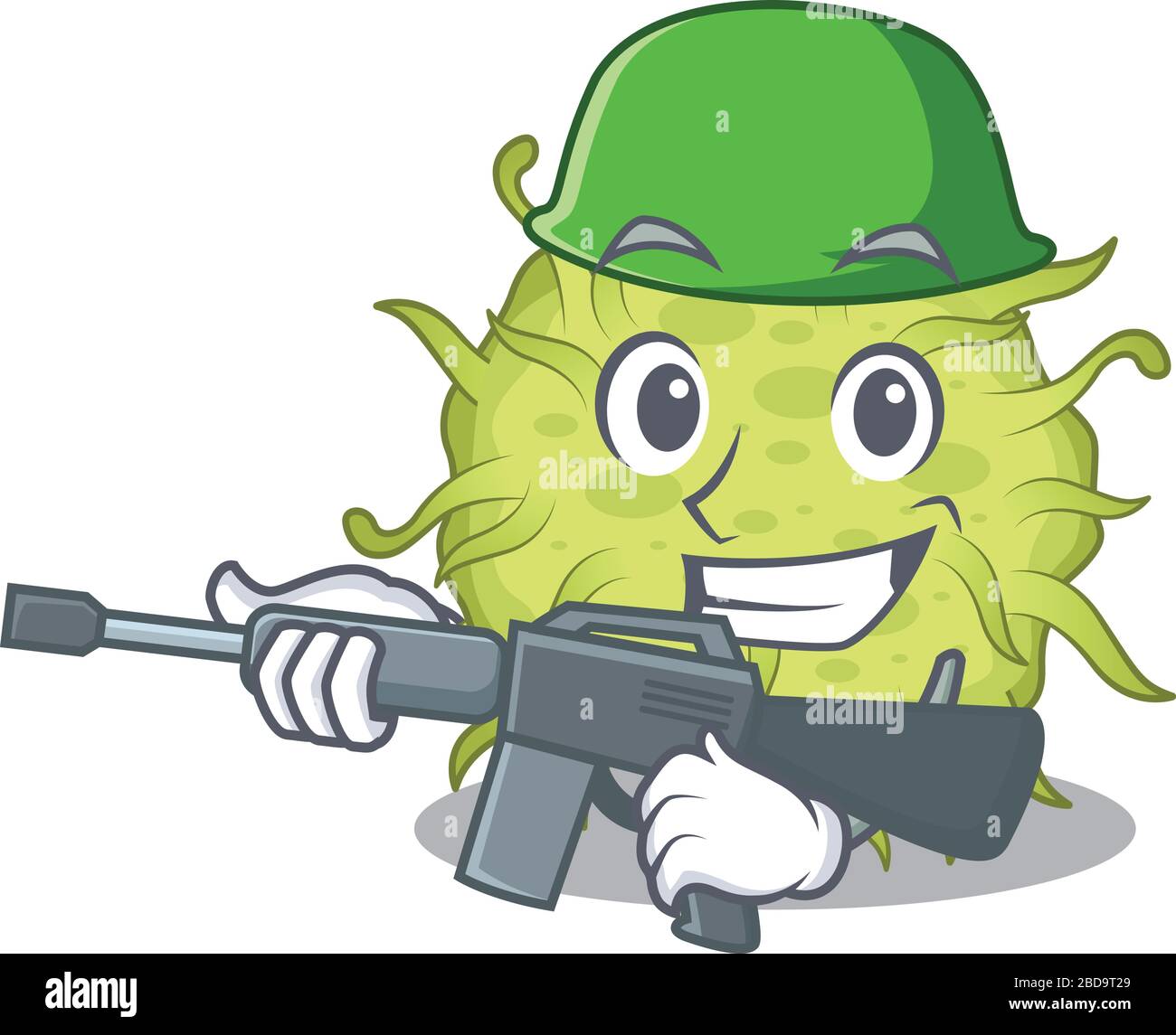 A cartoon picture of bacteria coccus in Army style with machine gun ...