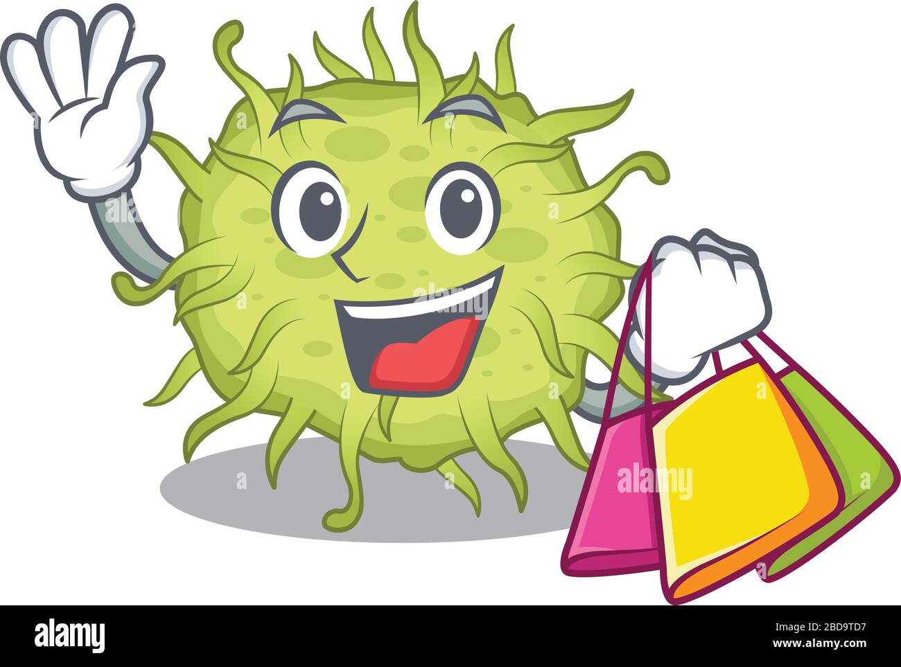 Rich and famous bacteria coccus cartoon character holding shopping bags ...