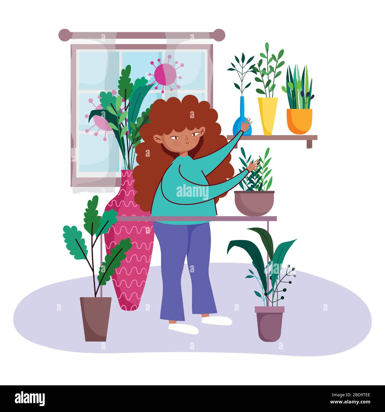 stay at home, girl with potted plants gardening hobby cartoon vector ...