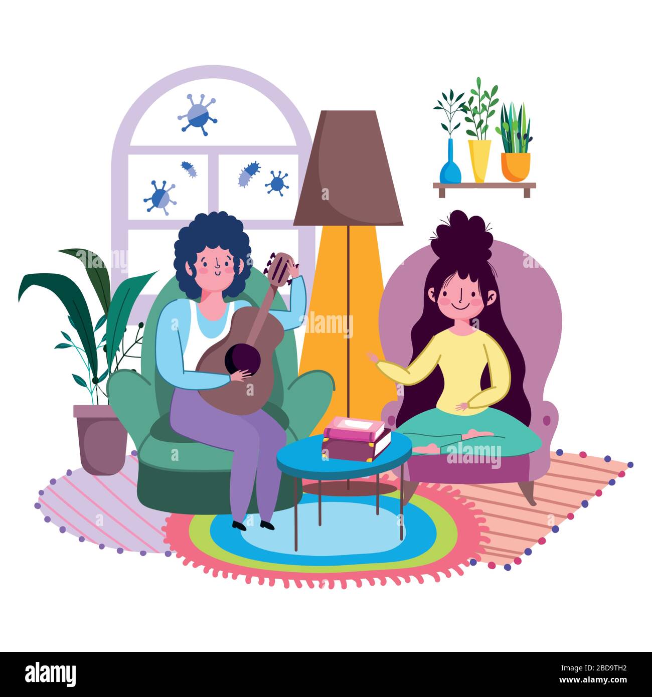 stay at home, couple in living room with guitar playing music cartoon ...