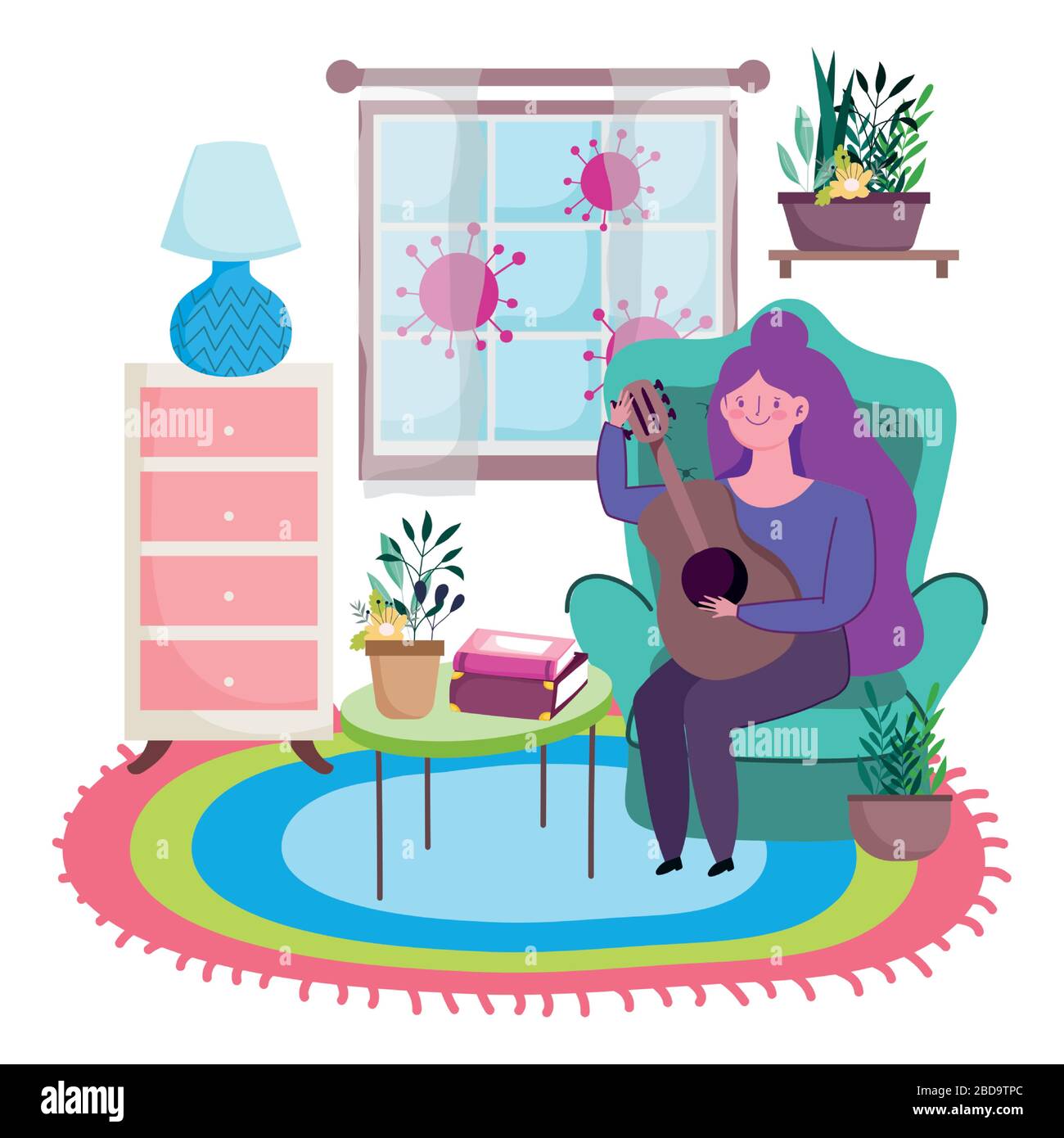 stay at home, young woman with guitar in cartoon room vector ...