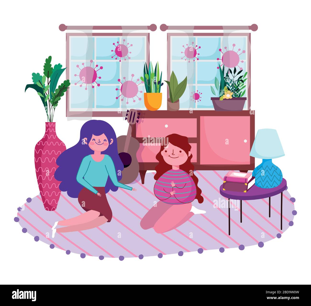 stay at home, young women sitting in floor with books on table room ...