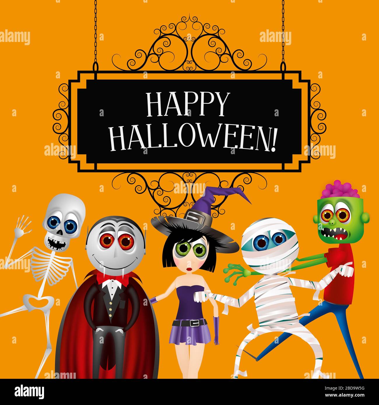 Happy Halloween card with Dracula, mummy, skeleton, witch and zombie ...