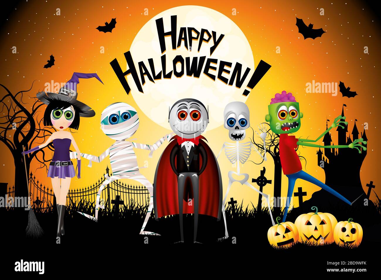 Happy Halloween card with Dracula, mummy, witch, zombie and skeleton ...