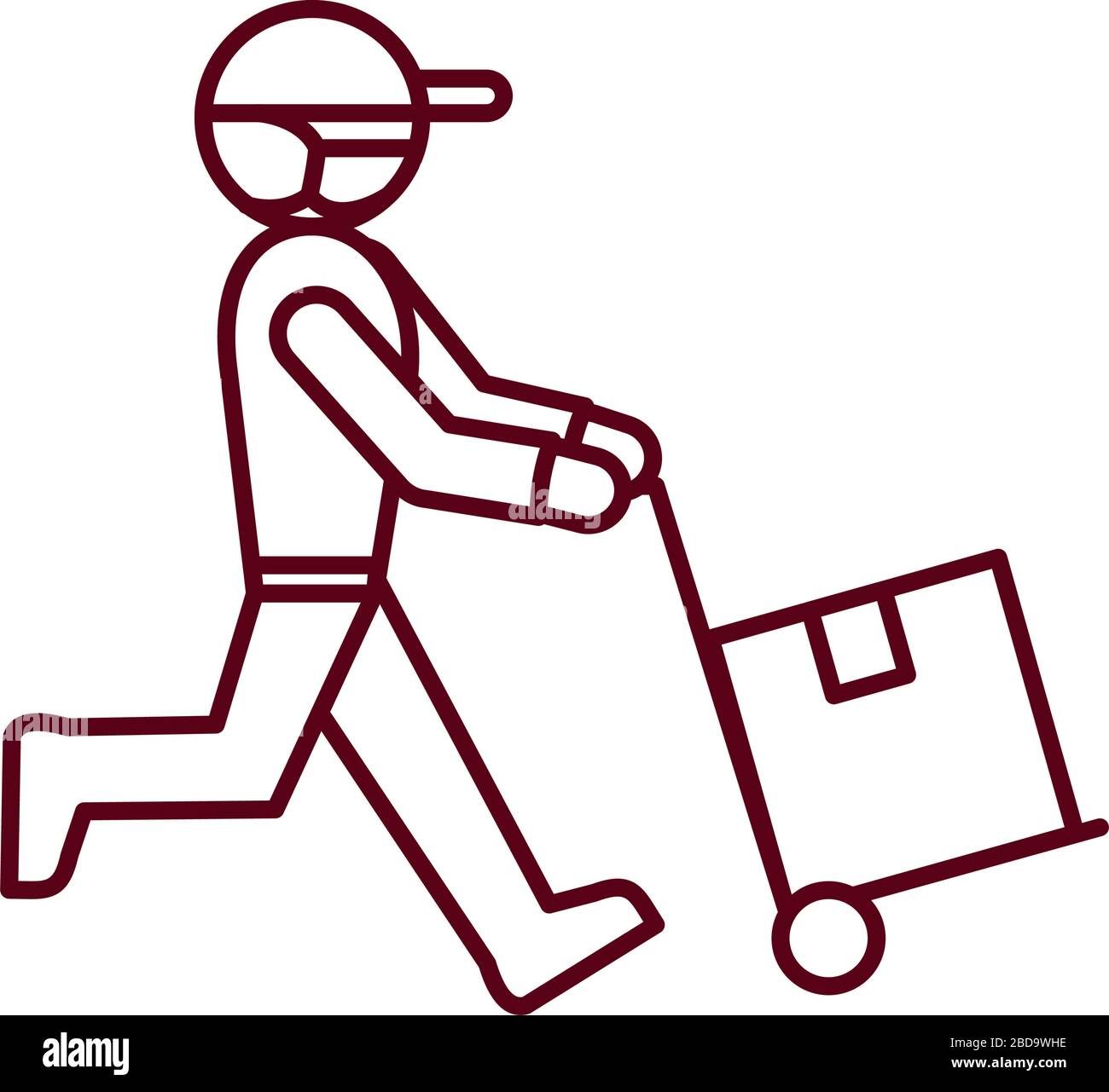 delivery man running with handcart with a box icon over white ...