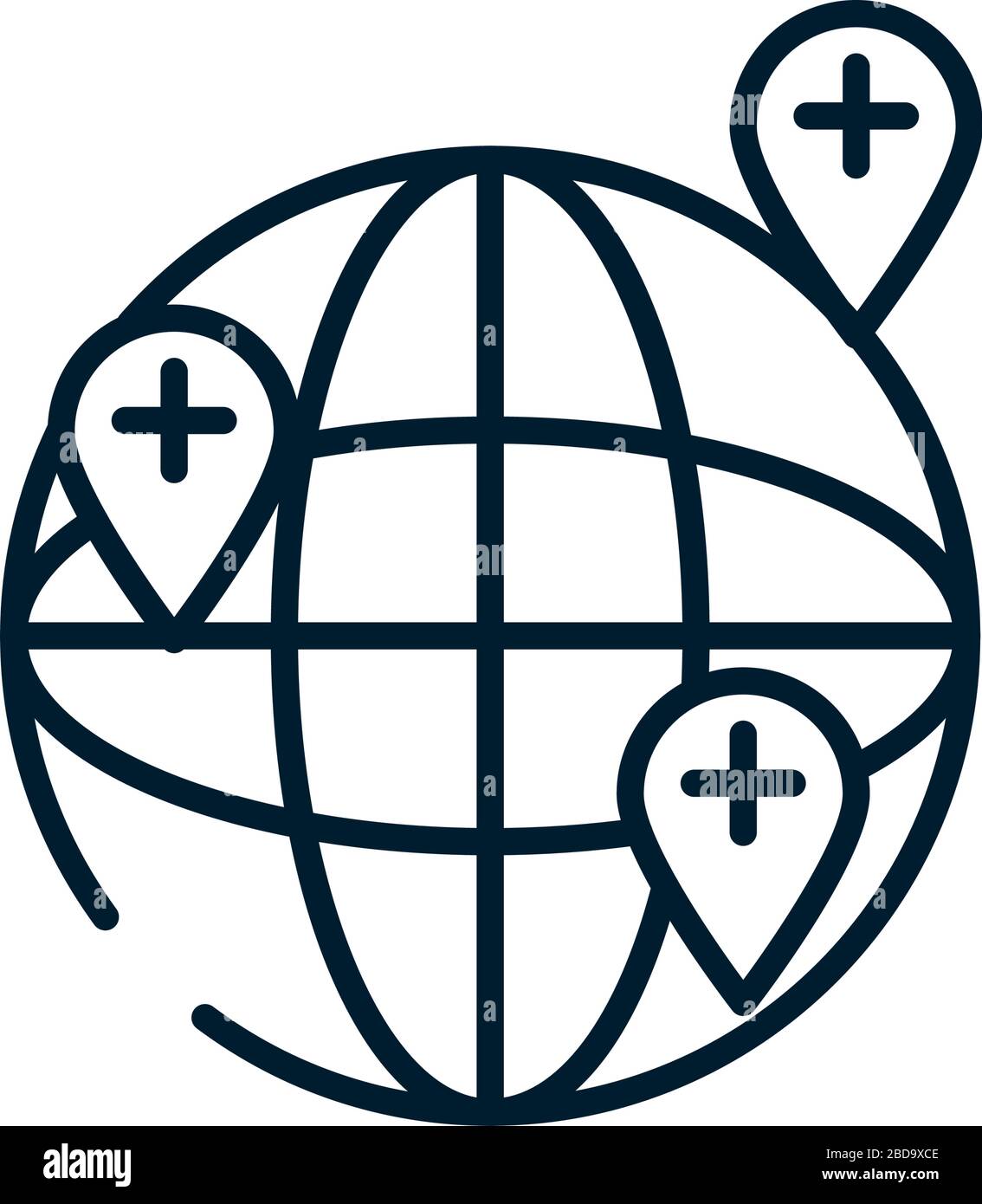 location pins global sphere icon over white background, line style ...