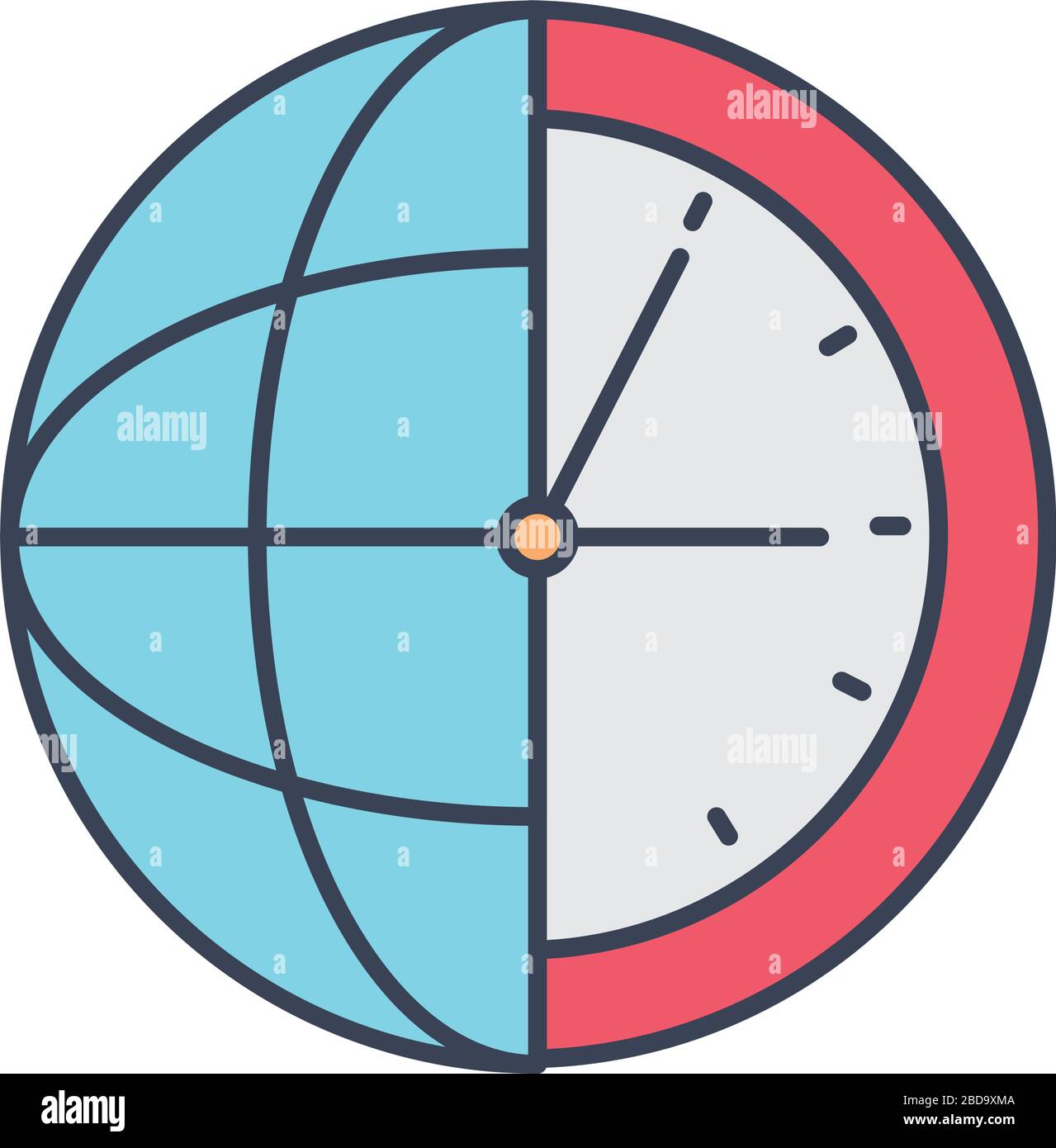 half of clock and half of global sphere icon over white background ...