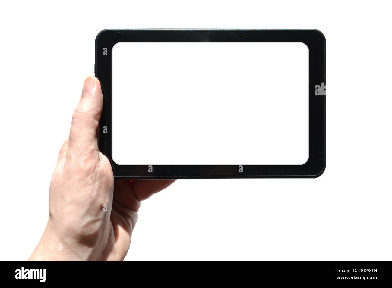 Hand holding tablet, white background Stock Photo - Alamy