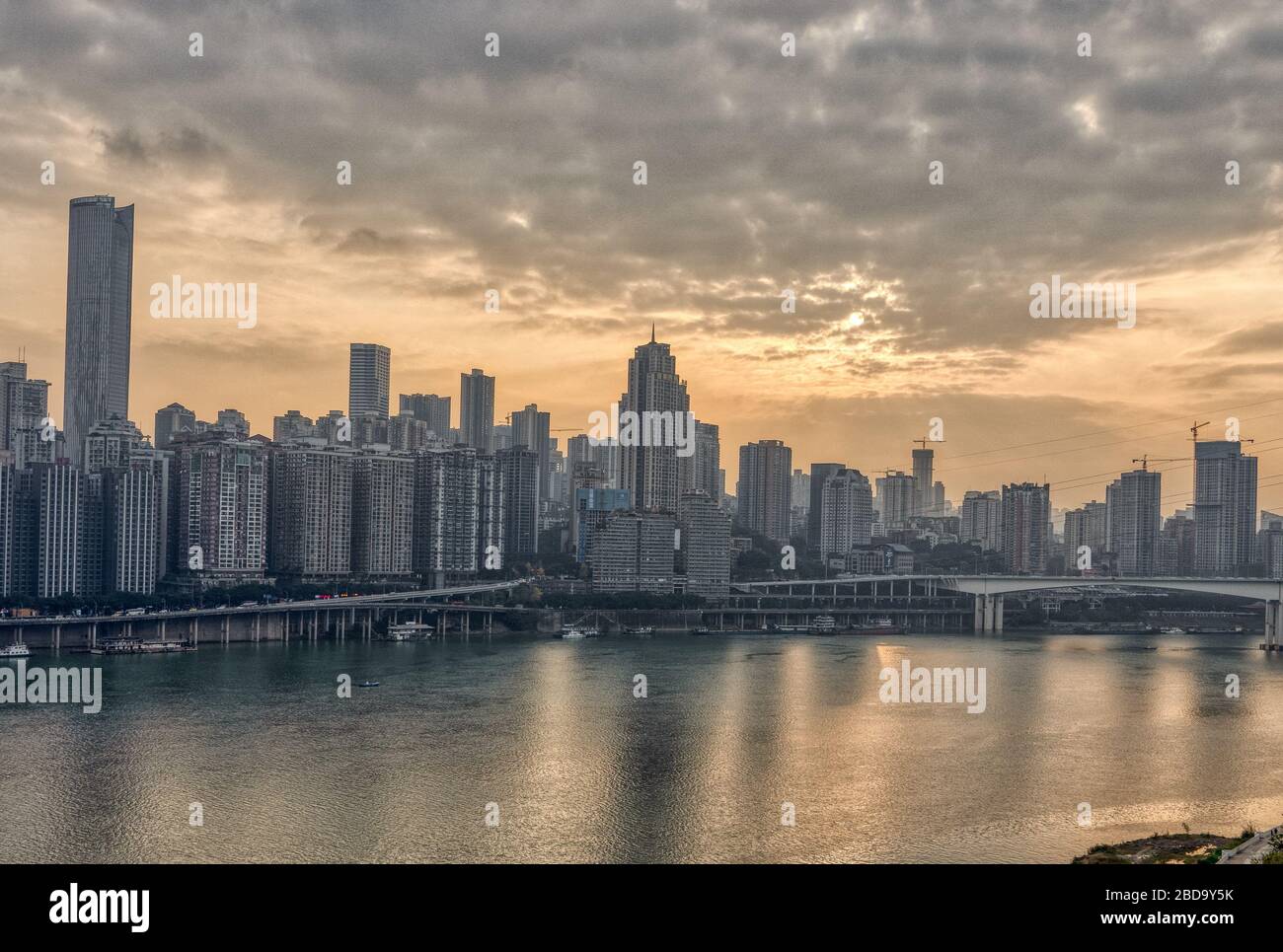 Chongqing, China - Dec 22, 2019: Sunset over Jialing river with dense ...