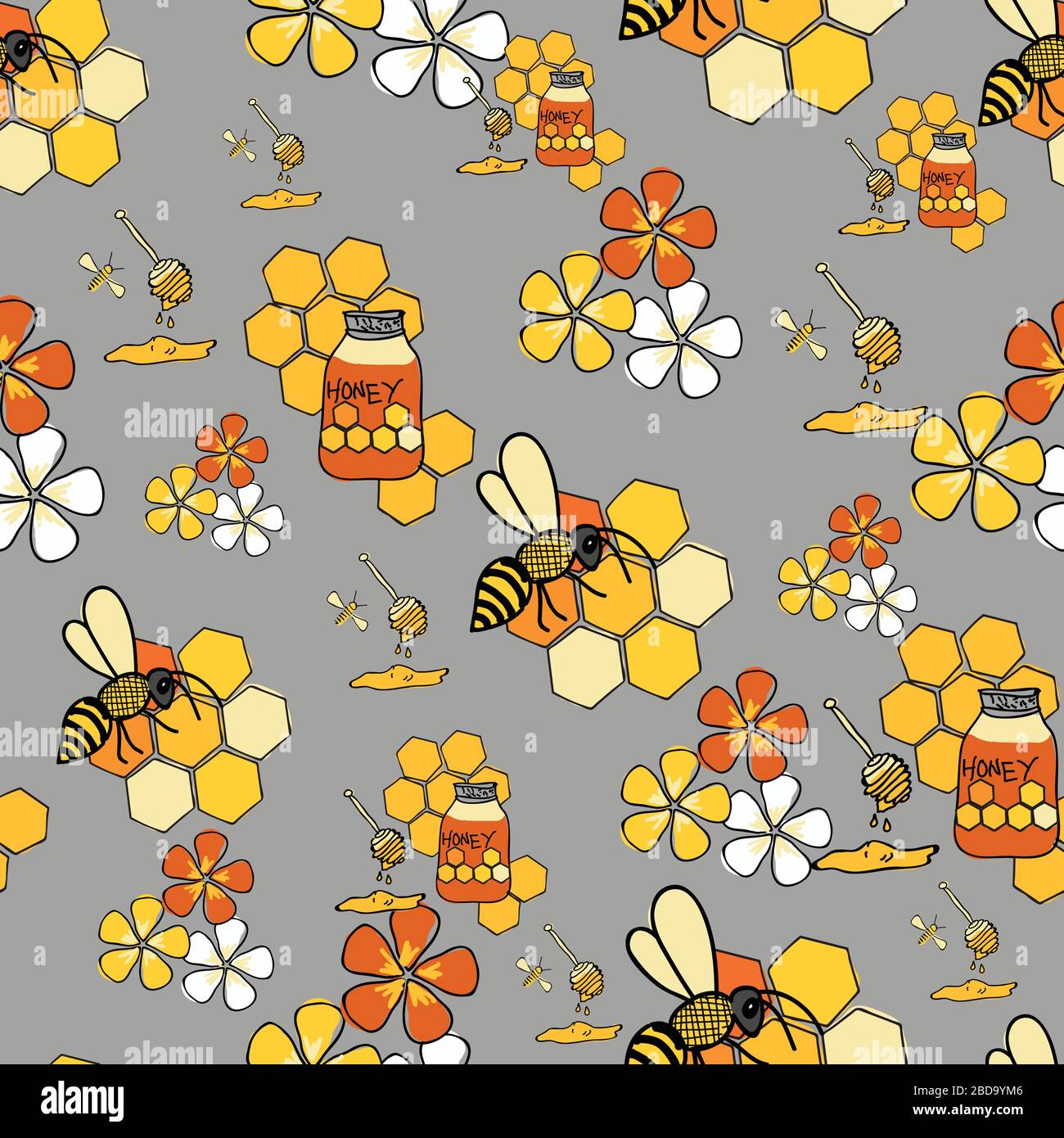 Active Bees seamless vector pattern on gray background surface pattern ...