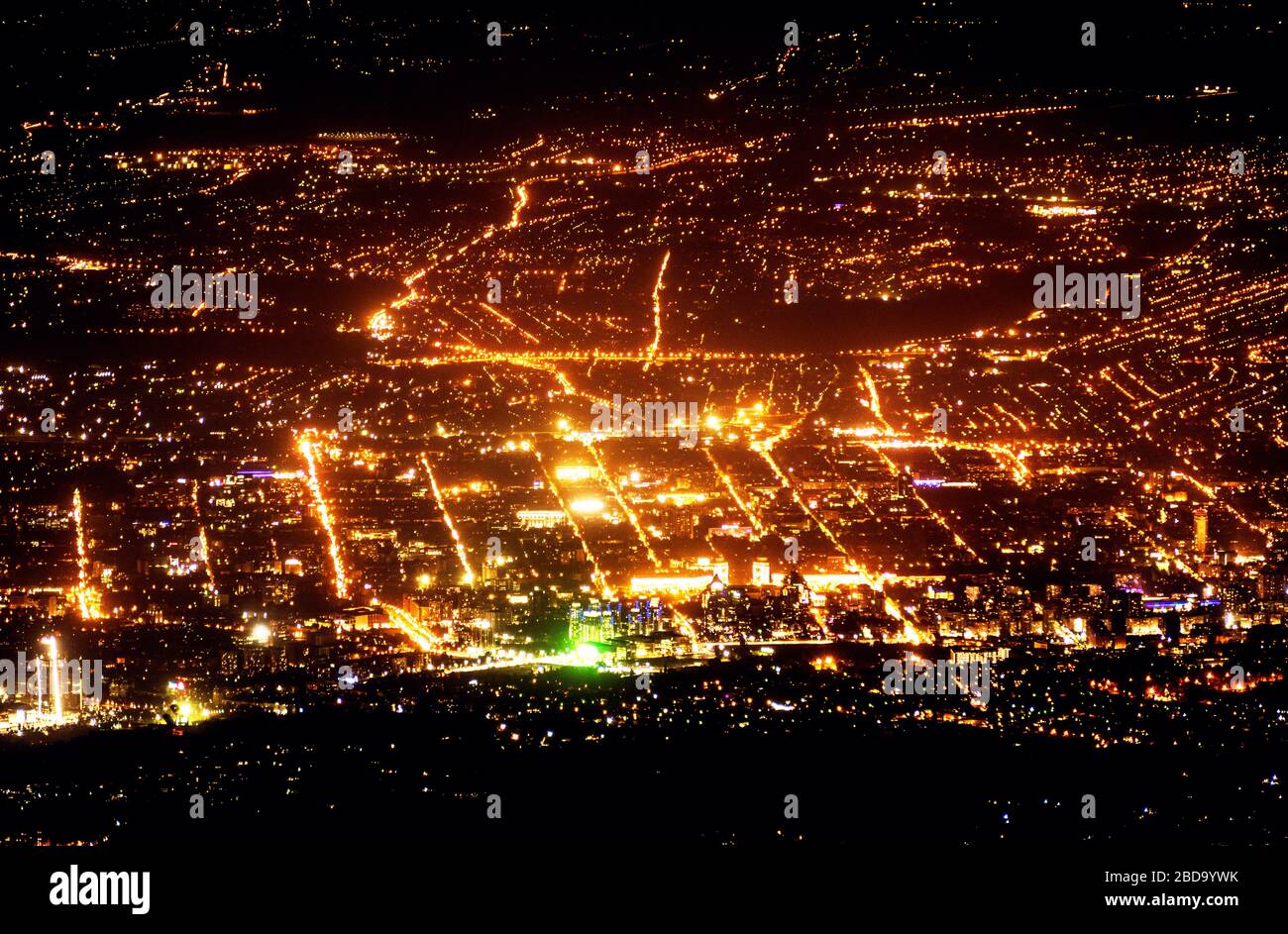 Bright lights of night city; aerial view of Almaty downtown, Kazakhstan ...