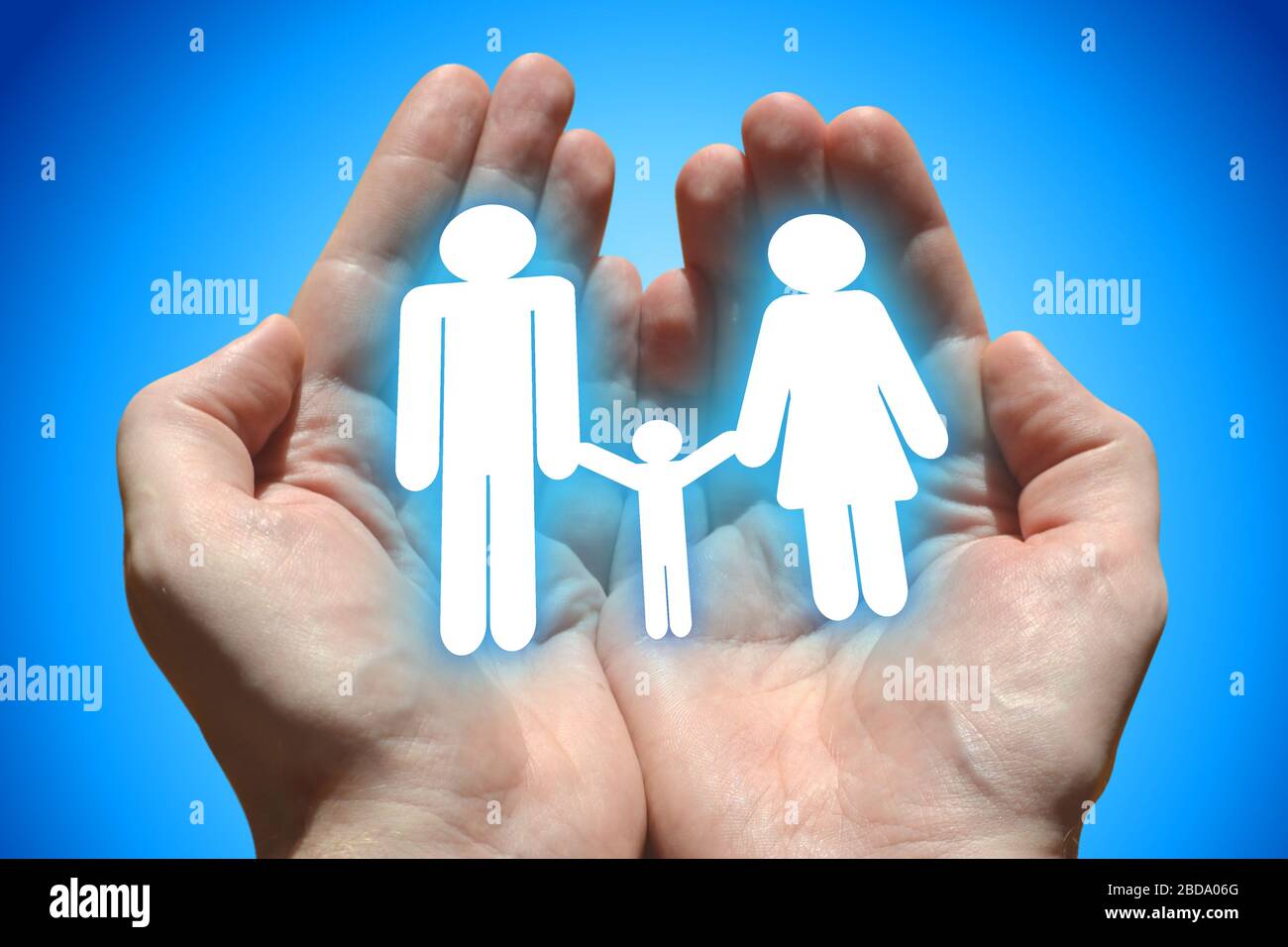 Family insurance concept, hands, blue background Stock Photo - Alamy