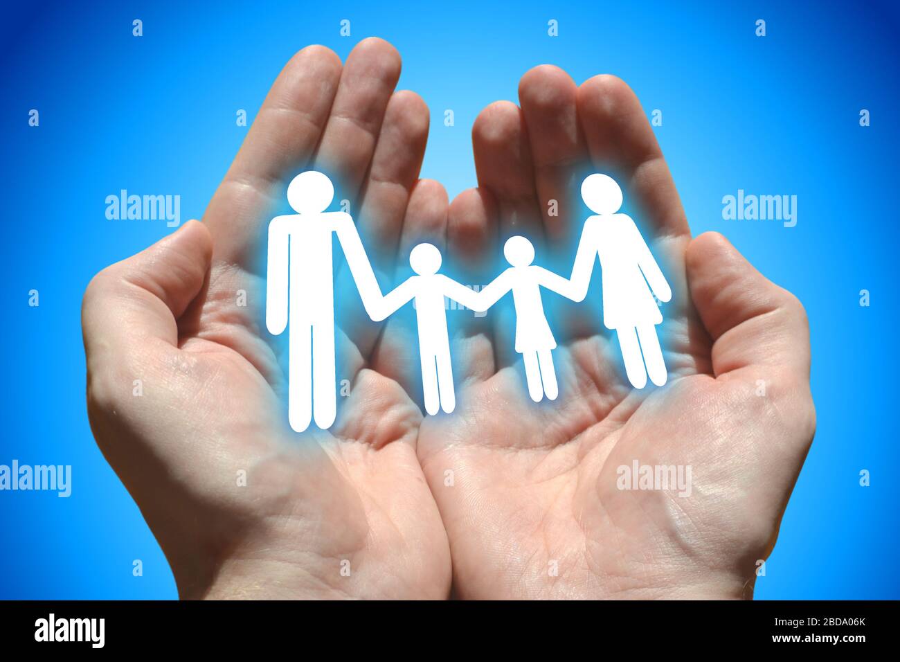 Family insurance concept, hands, blue background Stock Photo - Alamy