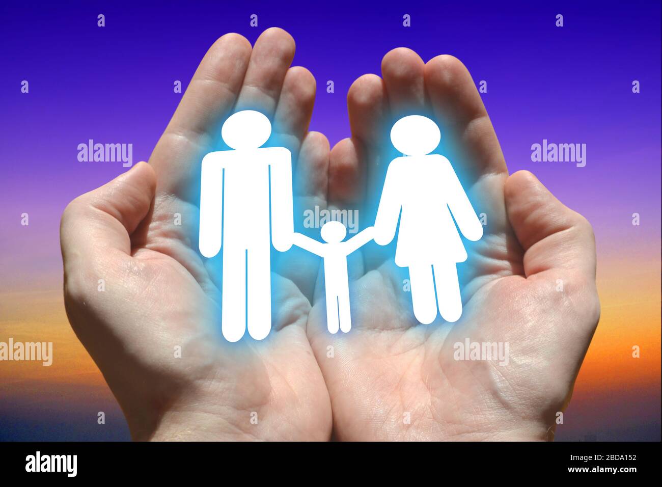 Family insurance concept, hands, sunset sky in background Stock Photo ...