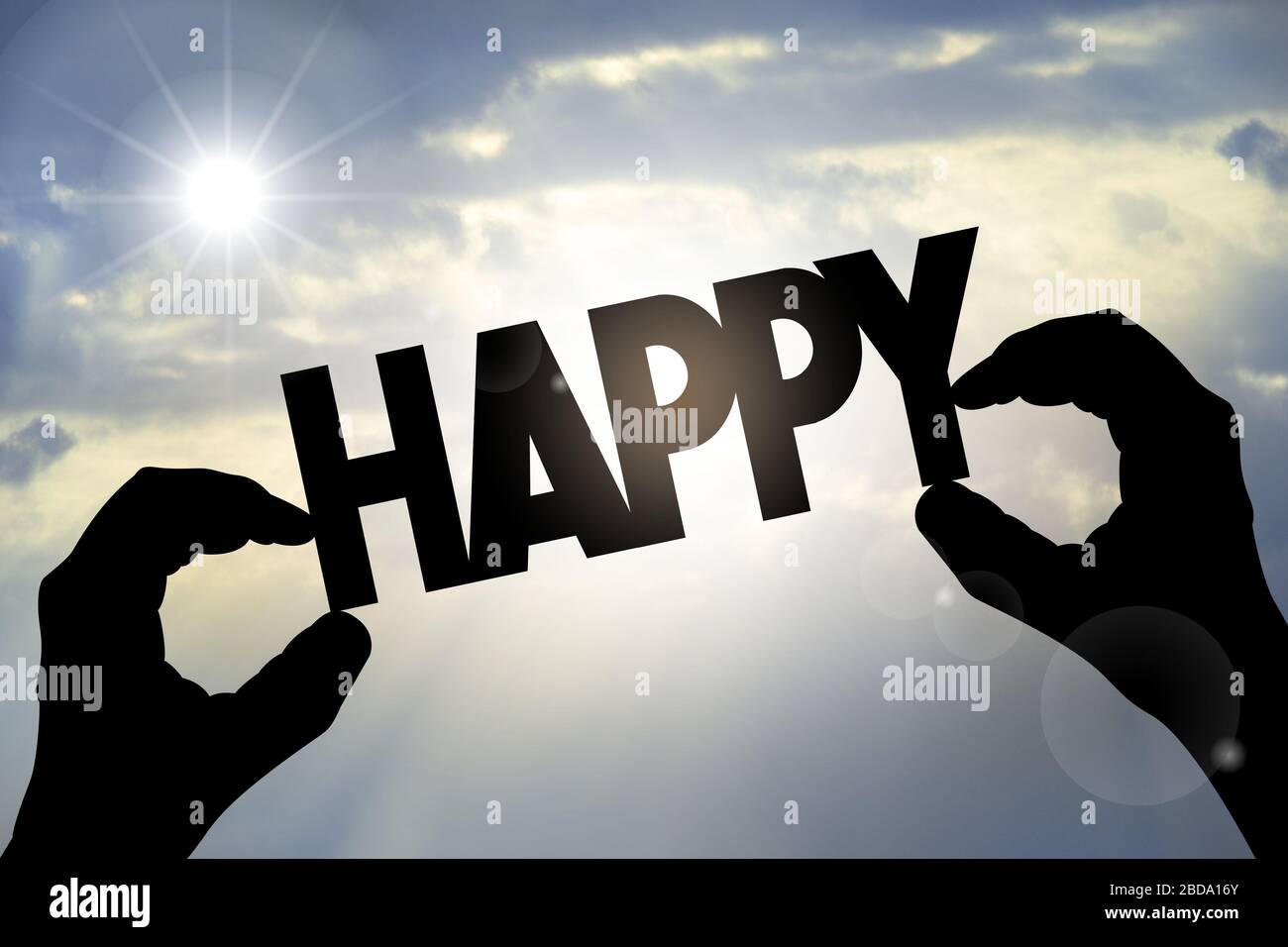 Happy concept - hands, text, sky Stock Photo - Alamy