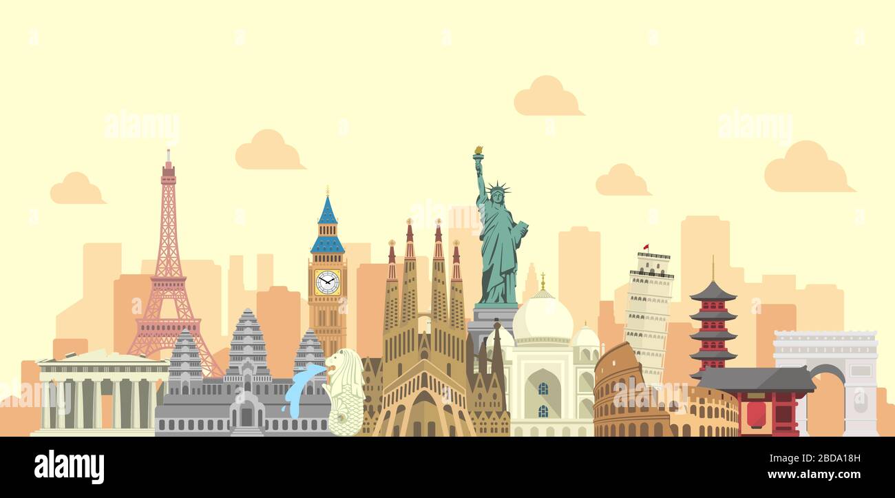world travel vector banner illustration ( world famous buildings ...