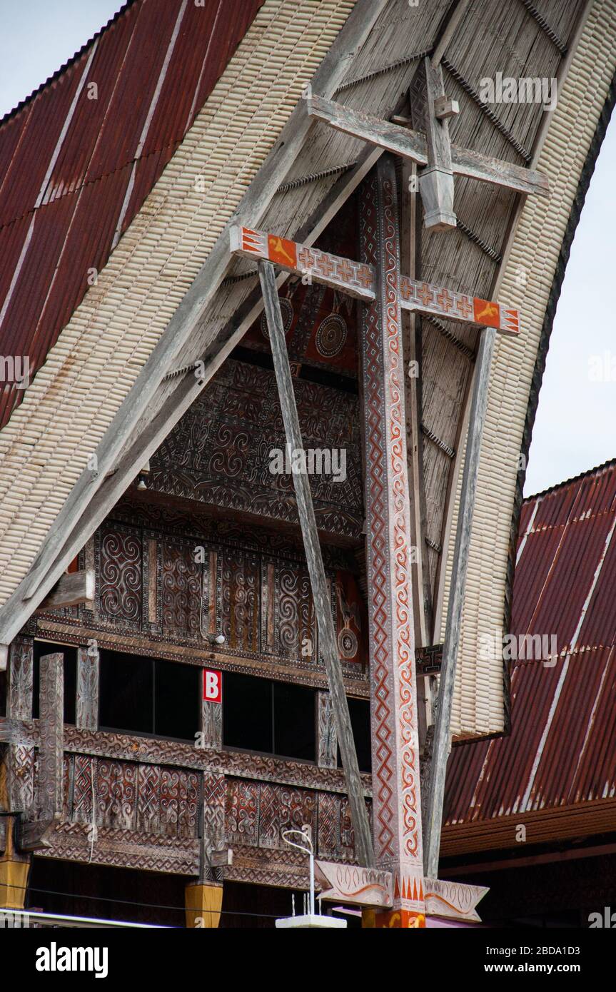 The front part of Toraja tribe traditional house. Tana Toraja located ...