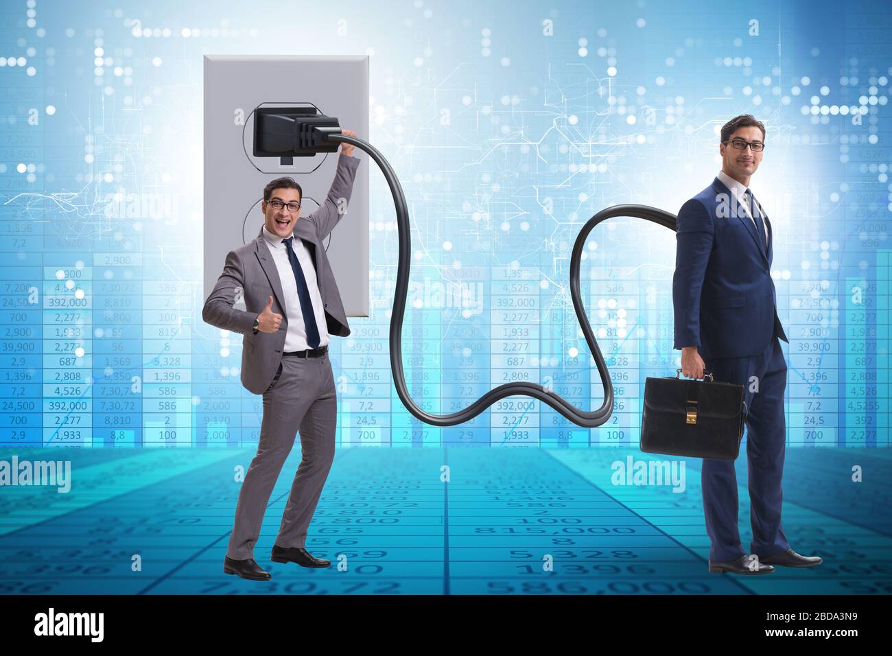 The businessman being powered by electricity and plug Stock Photo - Alamy