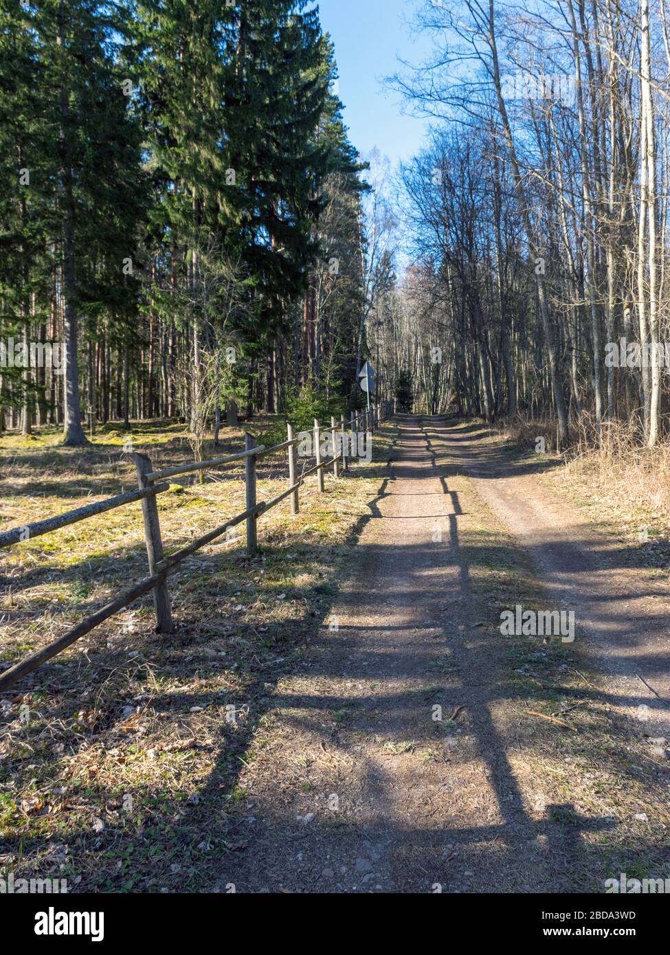landscape with a simple road, early spring, roadside wooden fence Stock ...