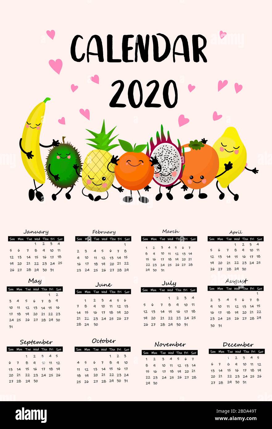 2020 calendar with funny characters. Planner for children. wall or ...