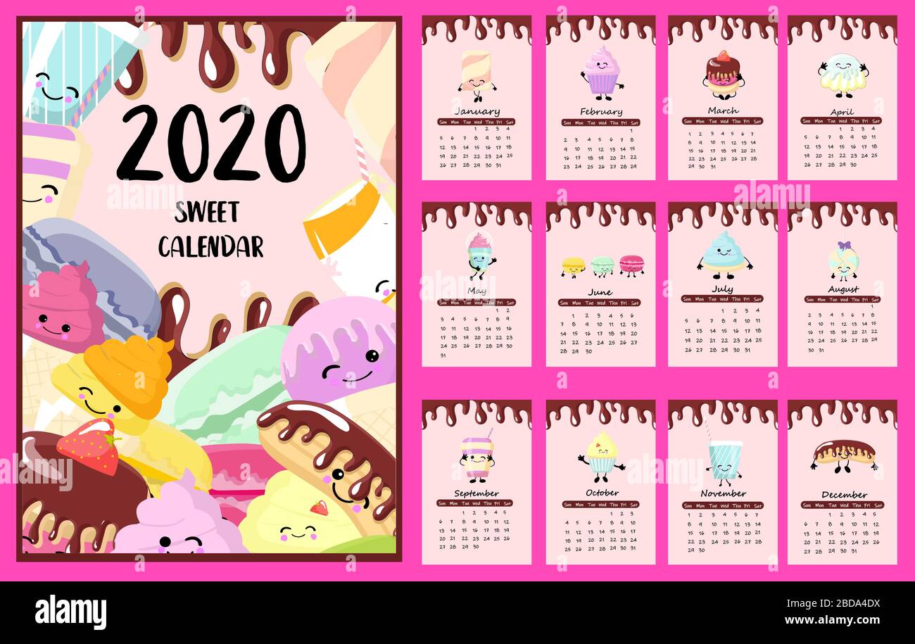 Calendar for 2020. Set of sweets characters. Desserts and pastries ...