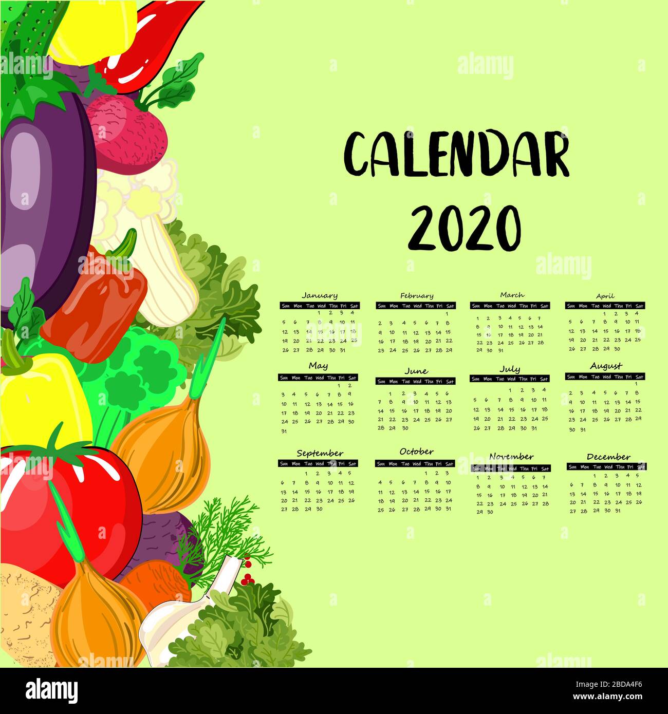 Calendar 2020. Fresh vegetables. Vegetarianism. weekly schedule for ...
