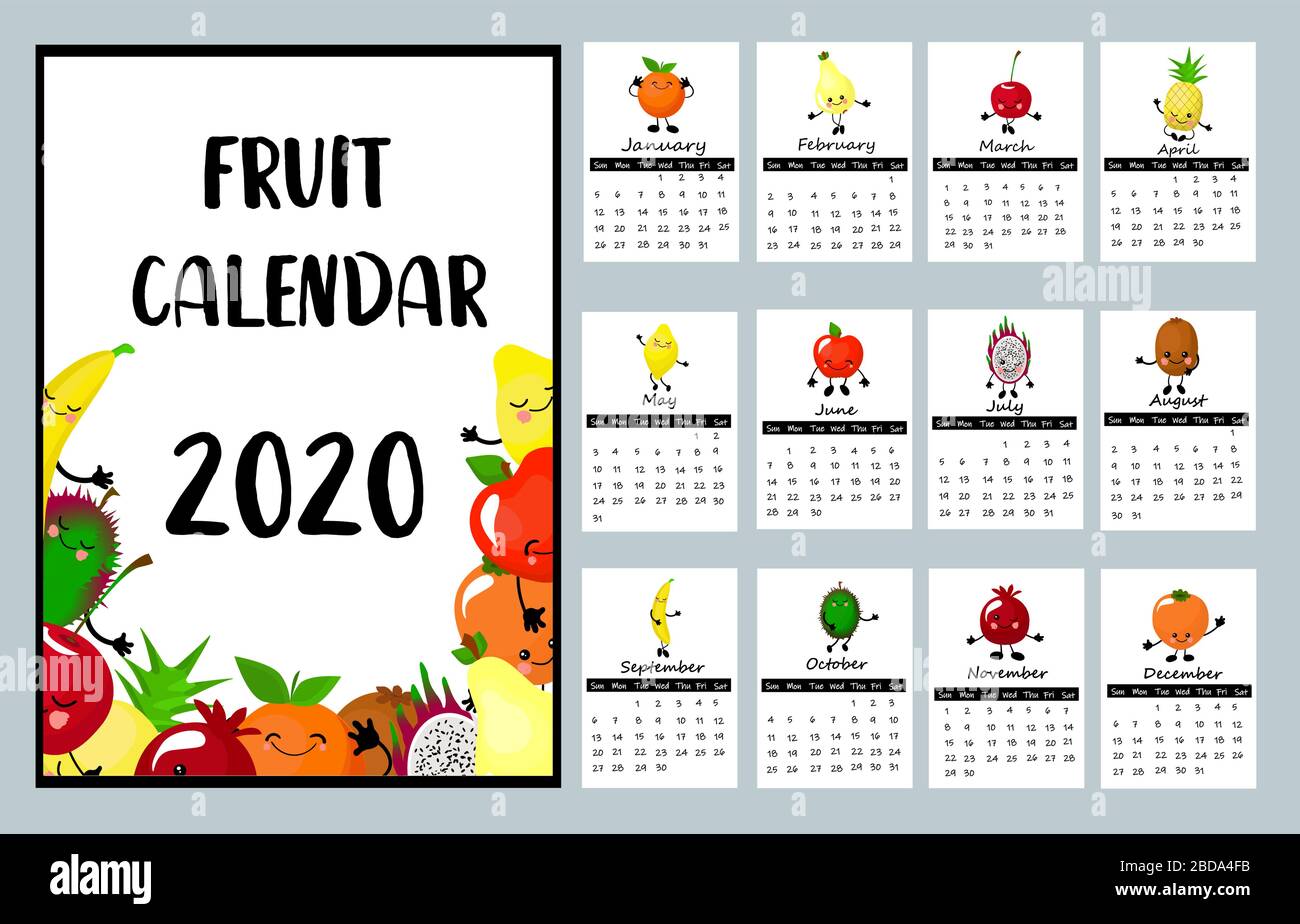 Calendar 2020. Glider for children. Fruit calendar. Funny characters ...