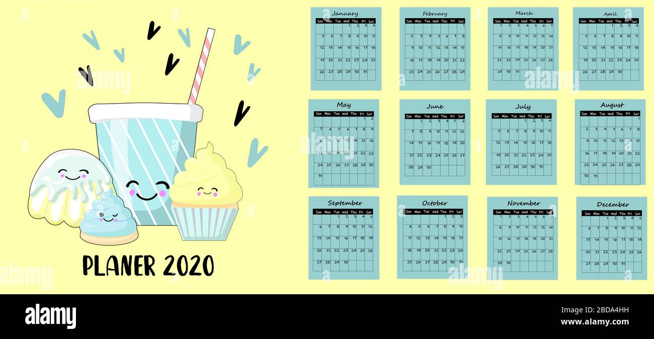 2020 calendar with funny characters. Planner for children. wall or ...