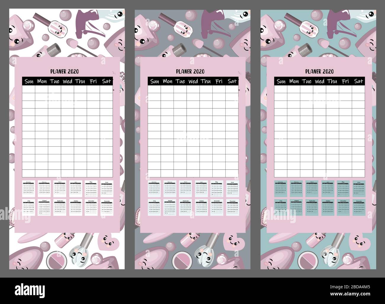 2020 calendar. Set of gliders on the theme of beauty and fashion. Cute ...