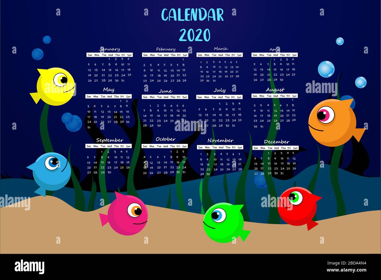 2020 marine style calendar with fish for kids. Can be used to print ...