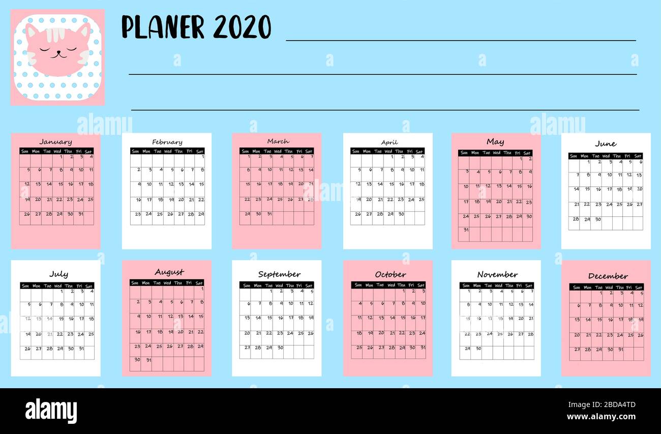 2020 calendar Image of a cute cat. Blue background. Children's design ...