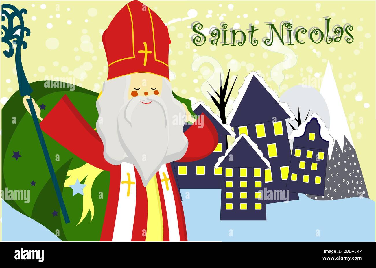 Cute greeting card with Saint Nicholas with mitre, pastoral staff and ...