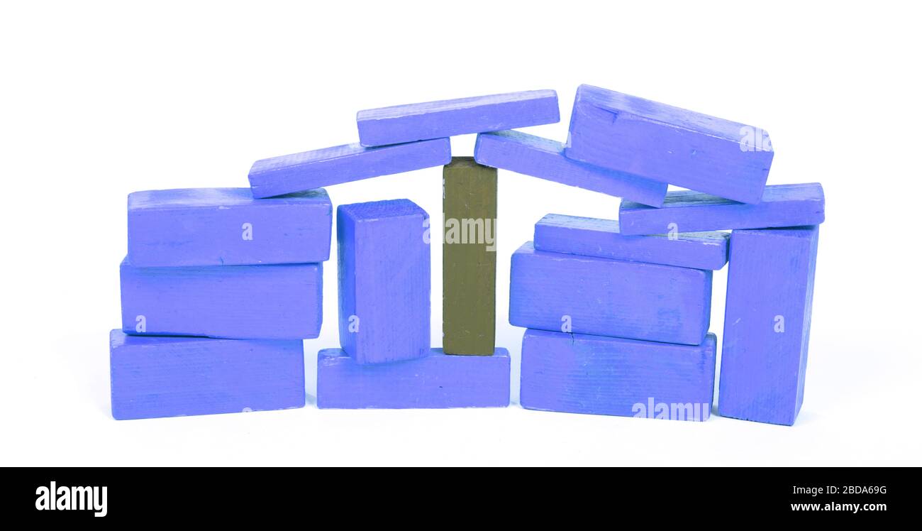 Vintage blue building blocks isolated on white background, one ...