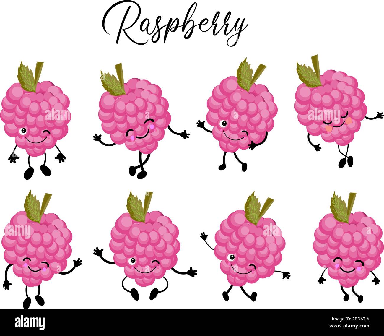 Funny cartoon berries. Raspberry character. Set of poses Stock Vector ...