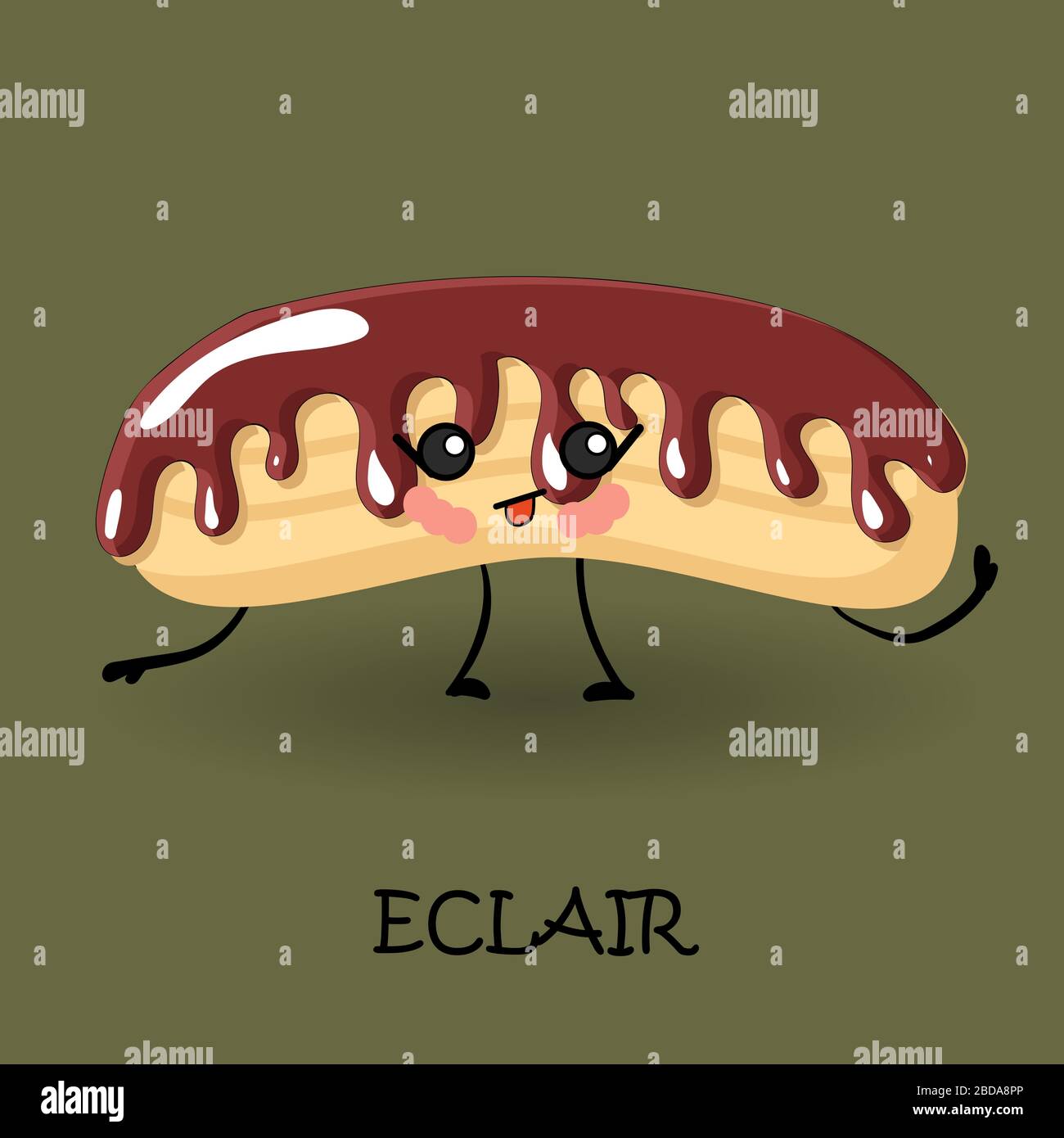 Eclair character with face and smile. Kawaii sweets and desserts Stock ...