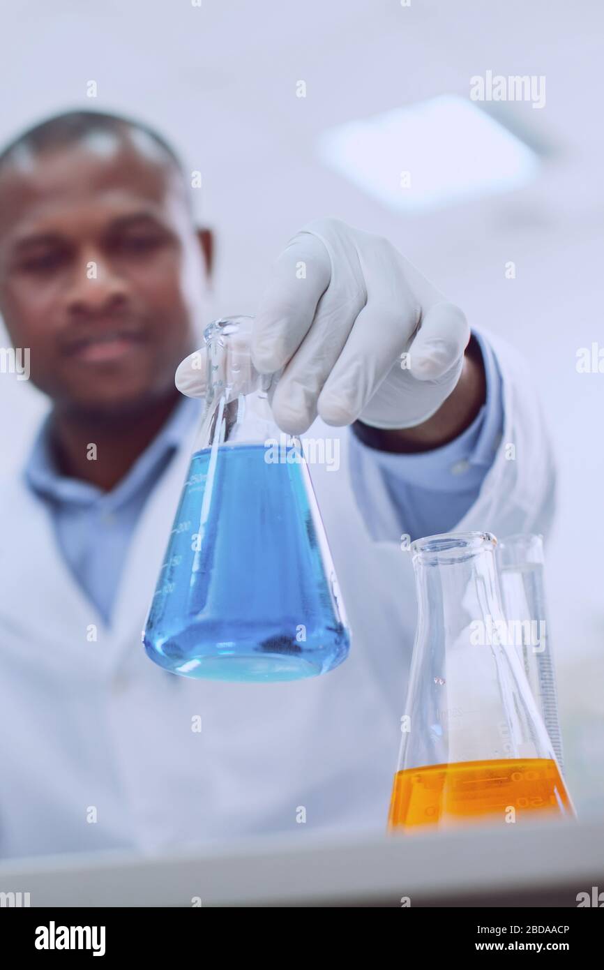 Lab flasks with samples in the laboratory Stock Photo - Alamy