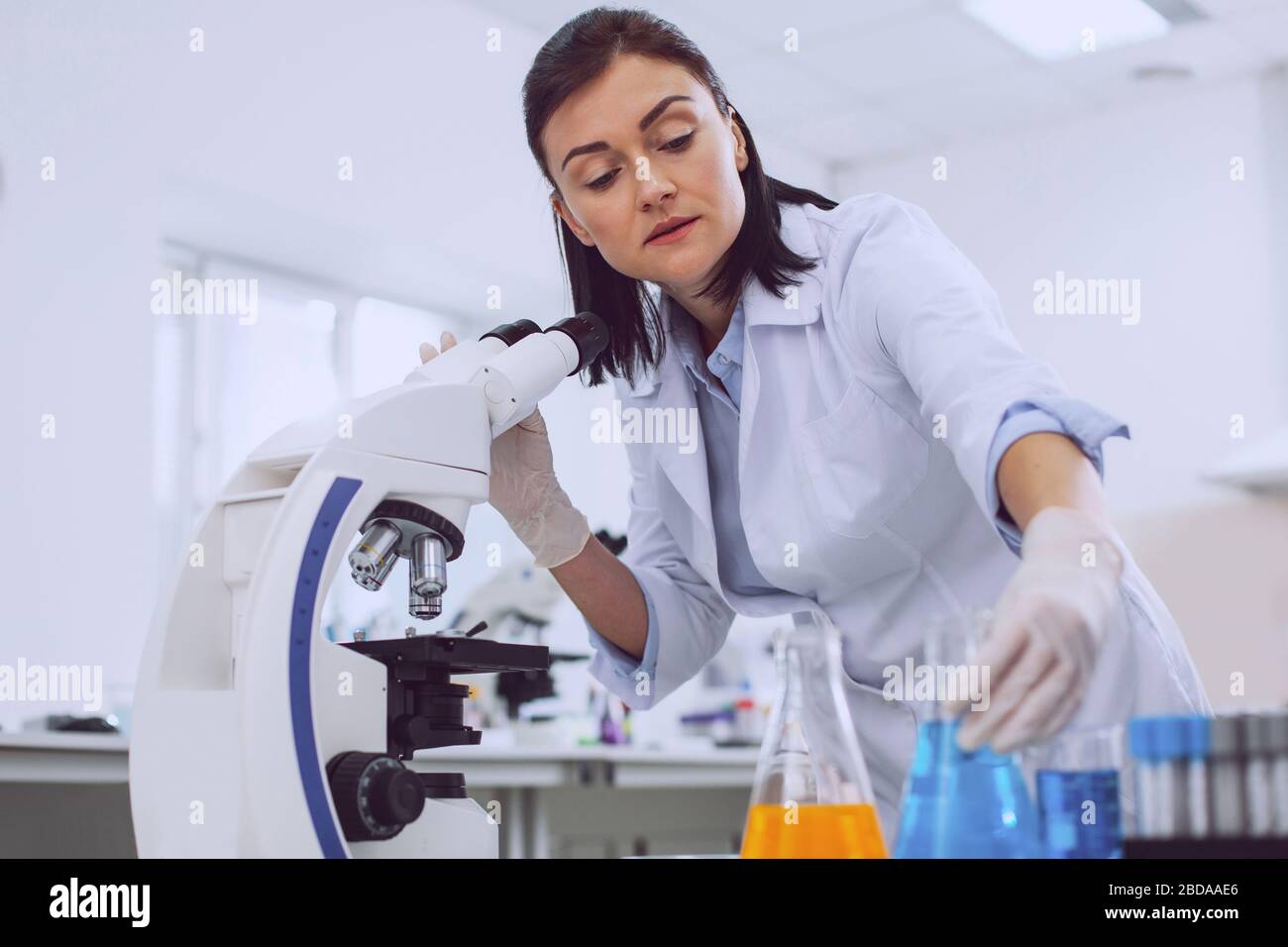 Serious female biologist working with a microscope Stock Photo - Alamy
