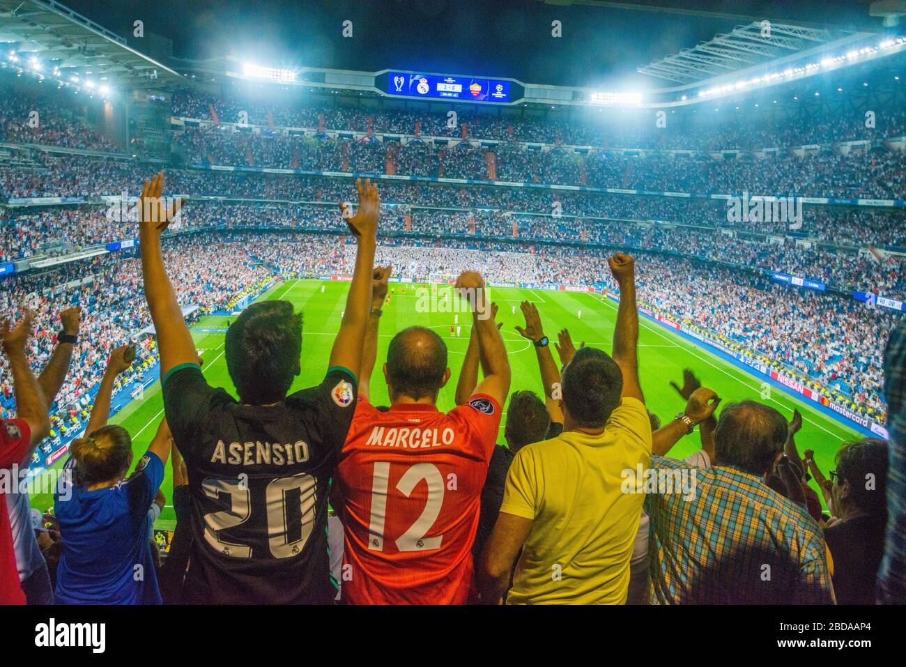 Spectators celebrating a goal. Santiago Bernabeu stadium, Madrid, Spain ...