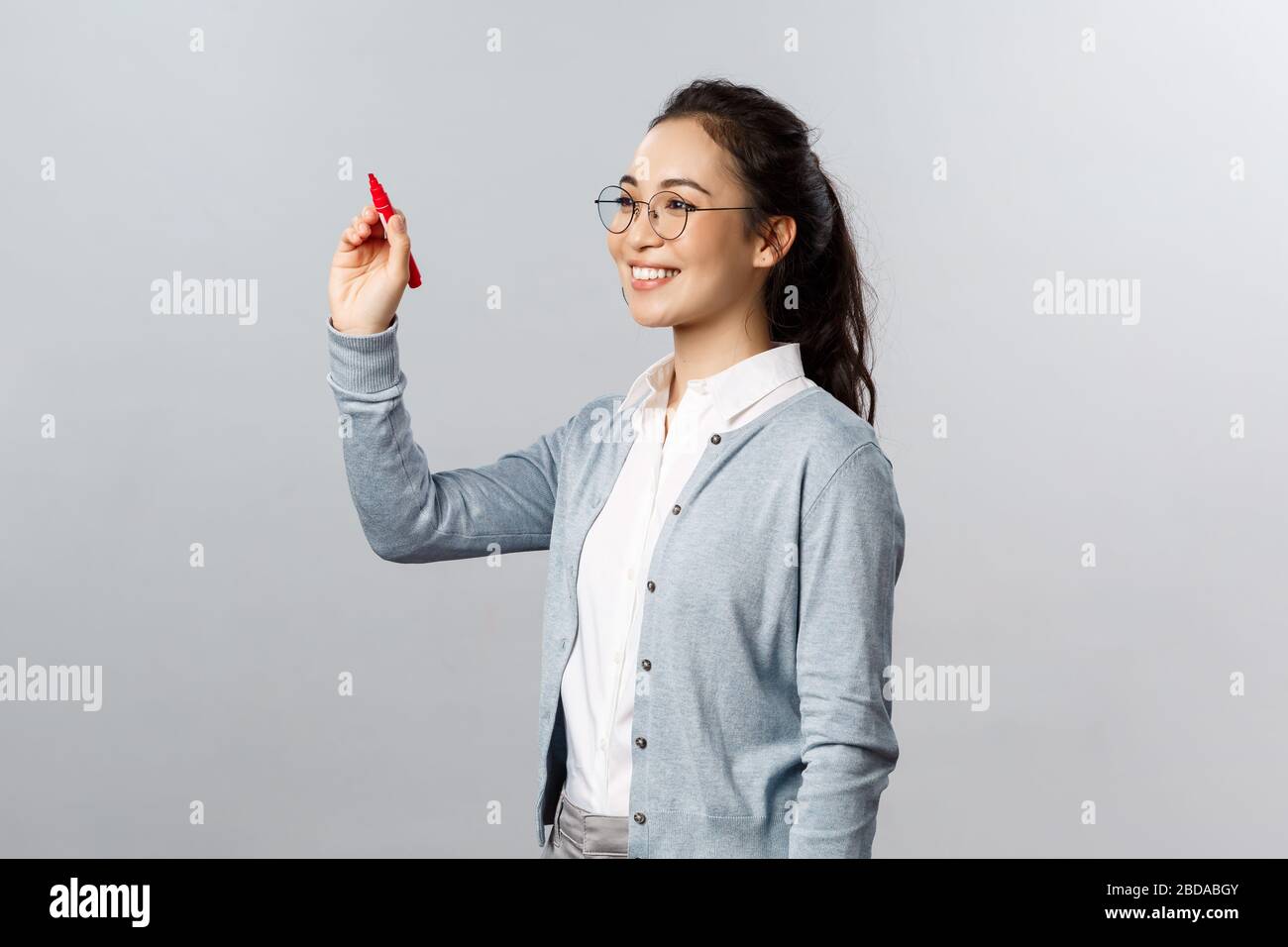 Teaching, online education and lifestyle concept. Young smiling smart ...