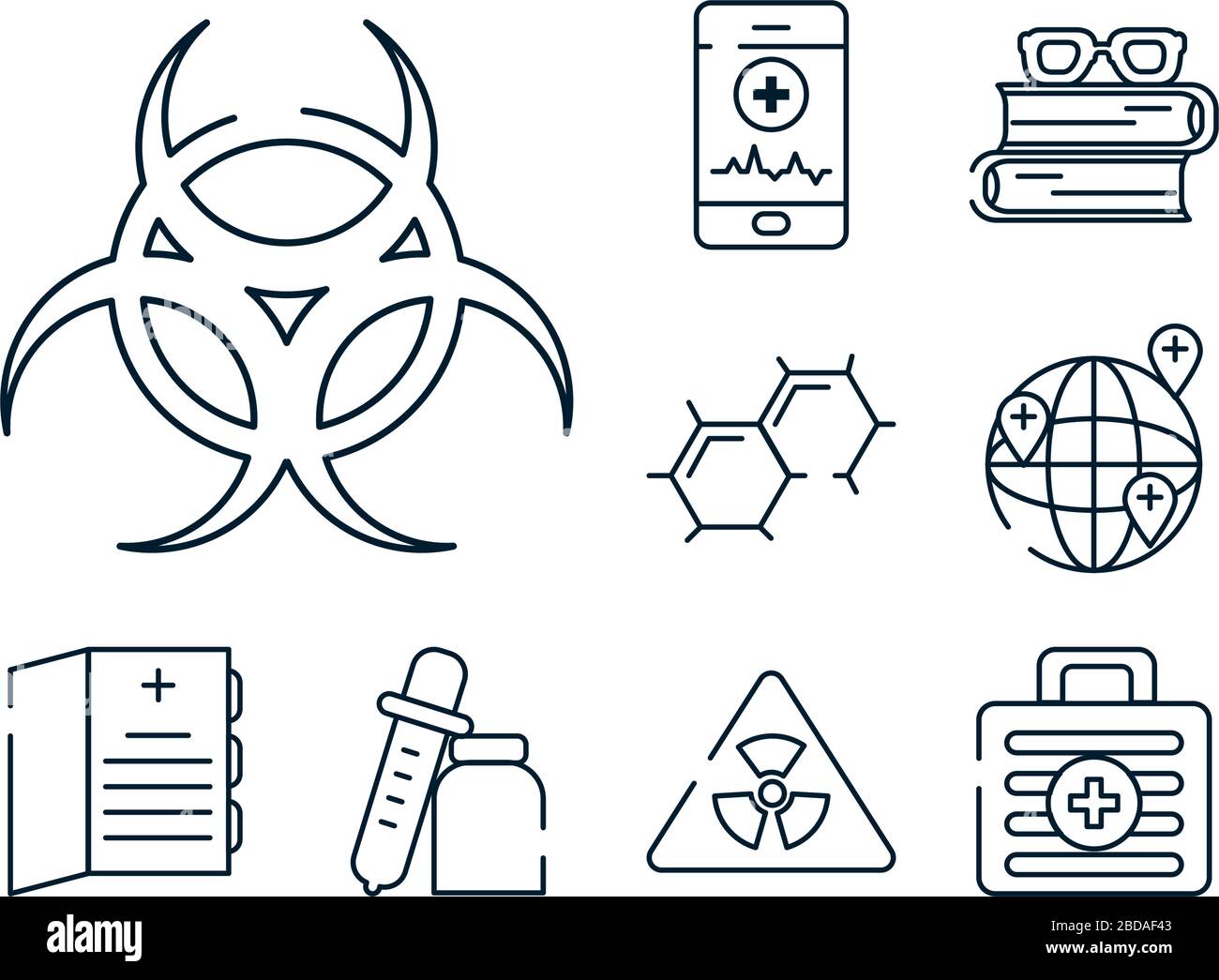 biohazard symbol with science, medication and investigation icon set ...