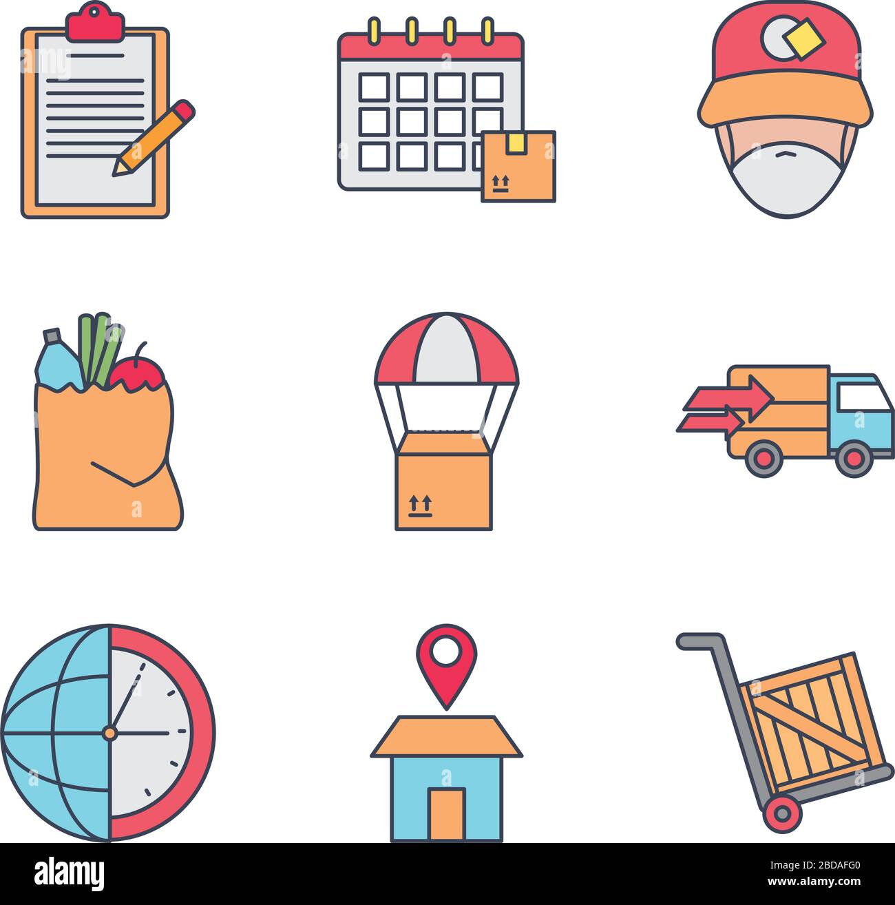 calendar and fast delivery icon set over white background, line and ...